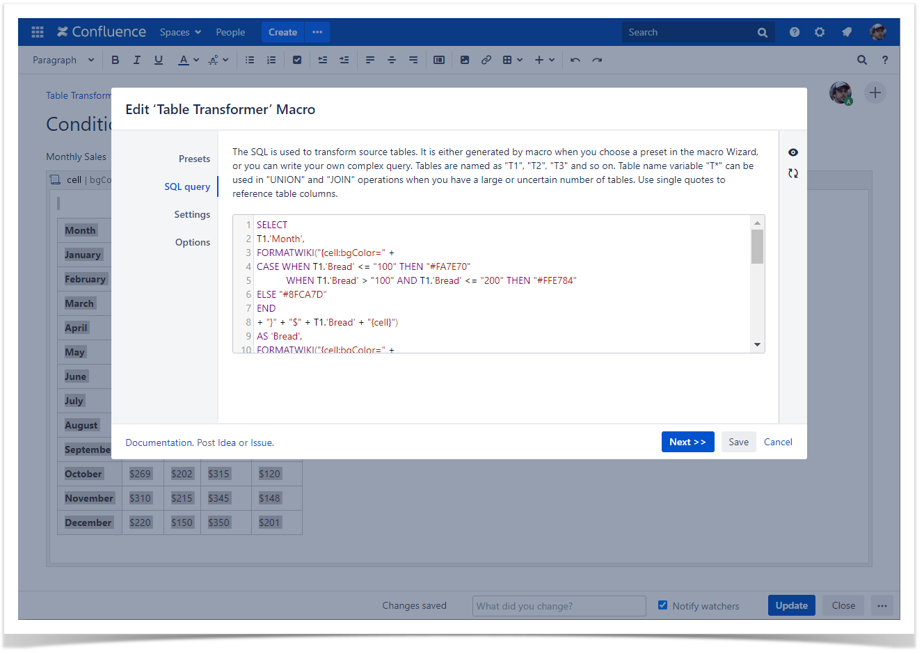 Advanced table cells formatting